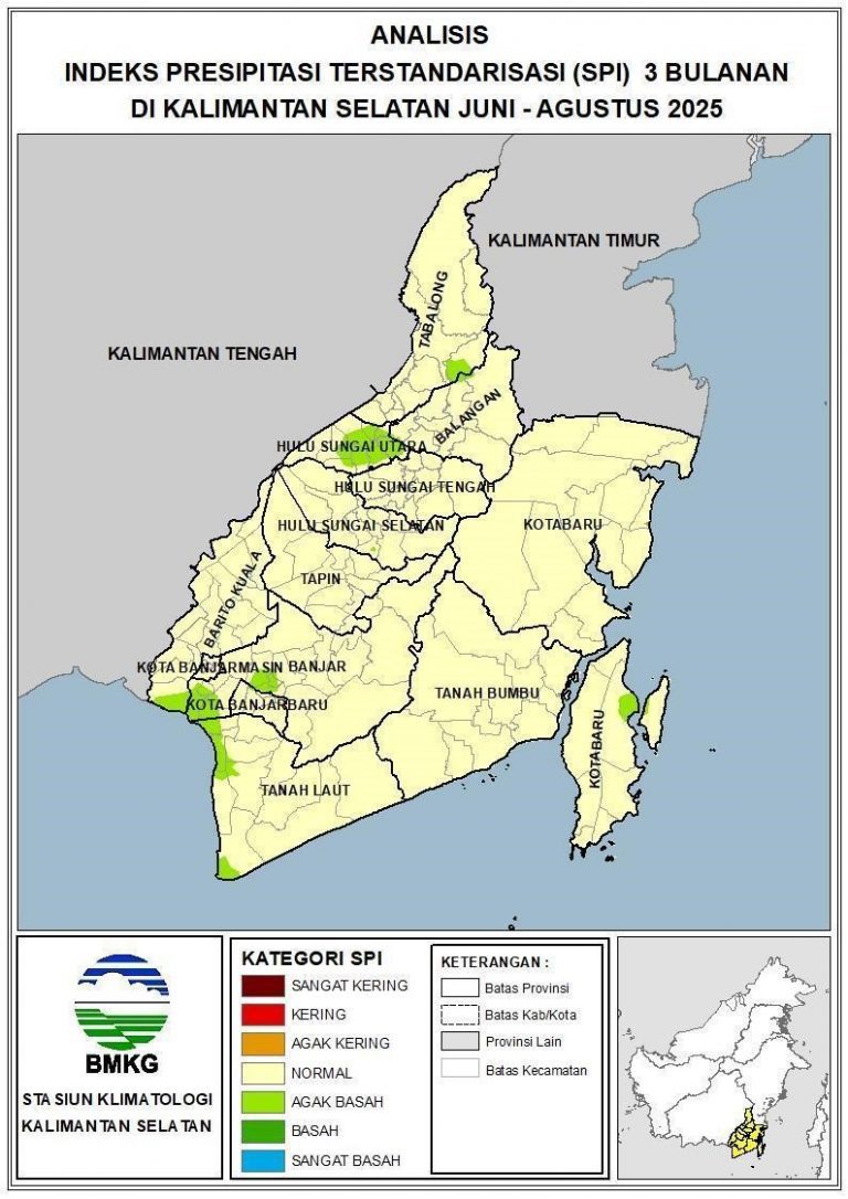 Analisis dan Prediksi Tingkat Kekeringan SPI 3 Bulanan September 2025 – Staklim Kalimantan Selatan